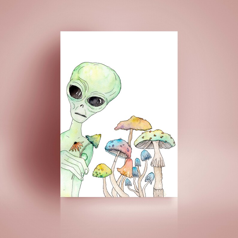 Alien and Mushroom Art Print Hand Painted WATERCOLOR - Etsy