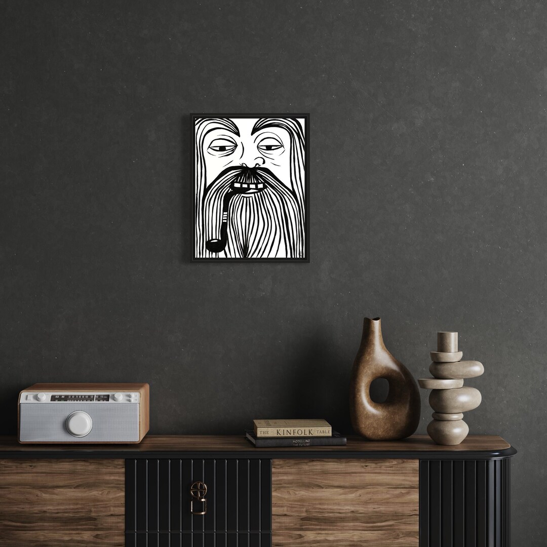 Bearded Man and Pipe Art Print - Smoking Man Line Art Portrait Printed ...