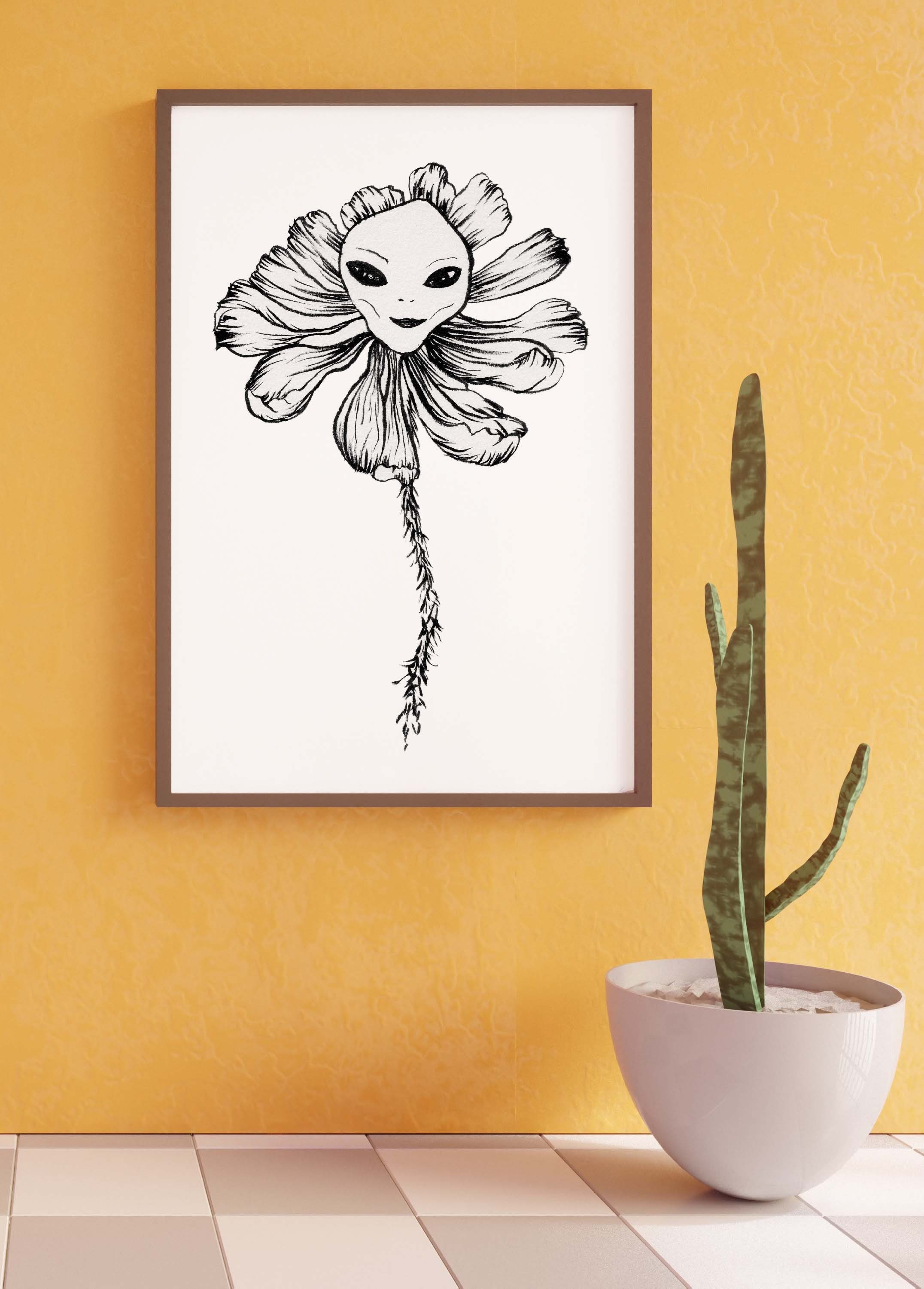 Minimal Black White Alien FlowerHand Painted Alien | Etsy