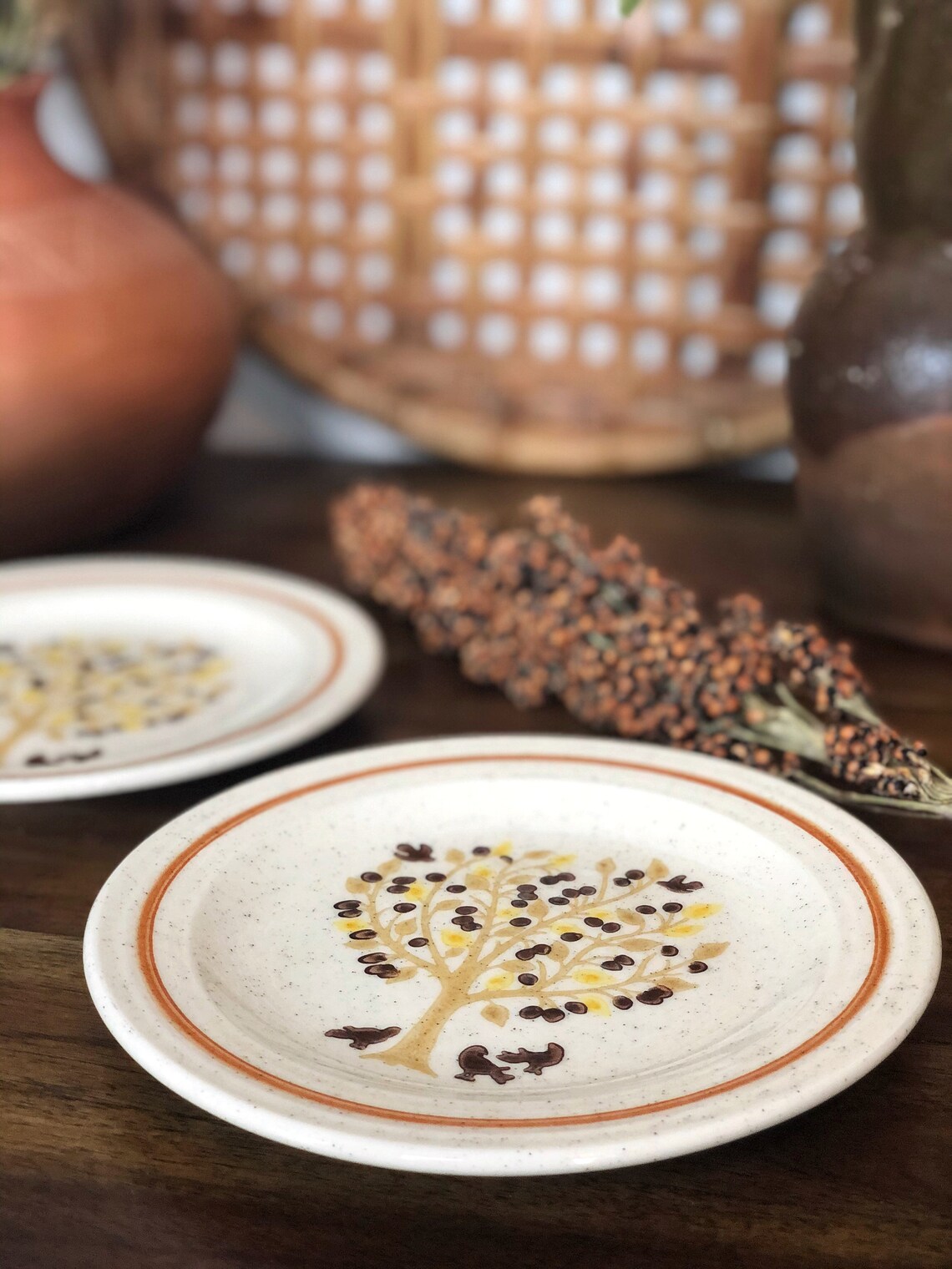 Vintage Stone Plates Set Brown Yellow Orange Hand Painted | Etsy