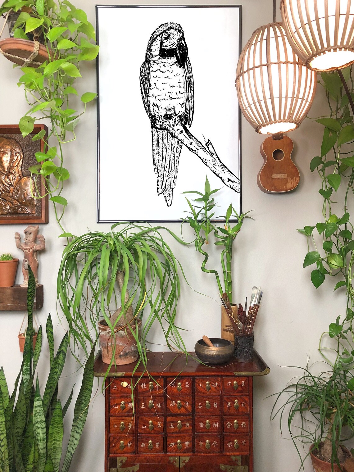 Parrot Fine Art Print - Hand Illustrated Tropical Parrot Printed on ...