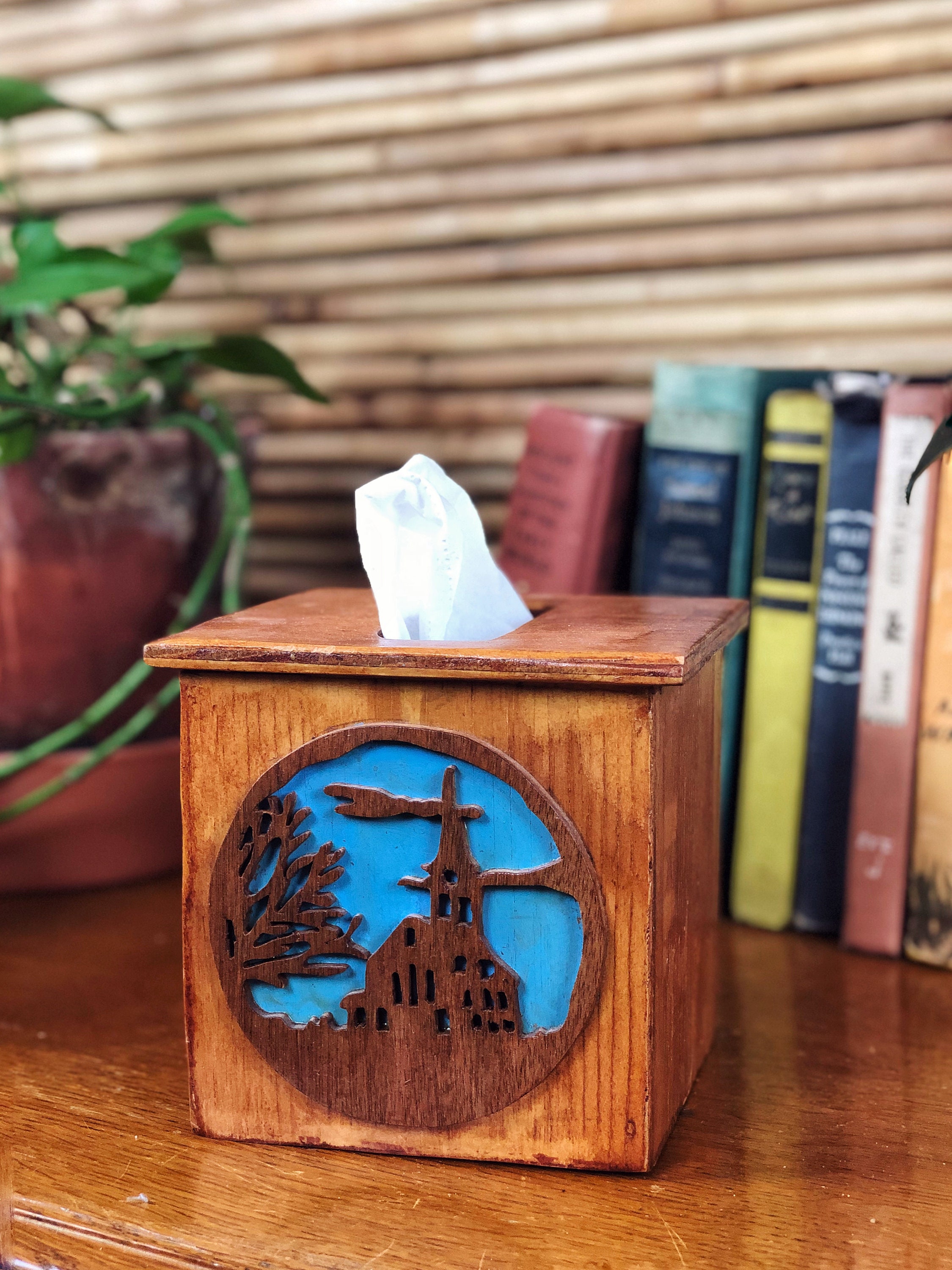 Vintage Wooden Tissue Box - Hand Carved Wooden Box or Plant Stand With ...