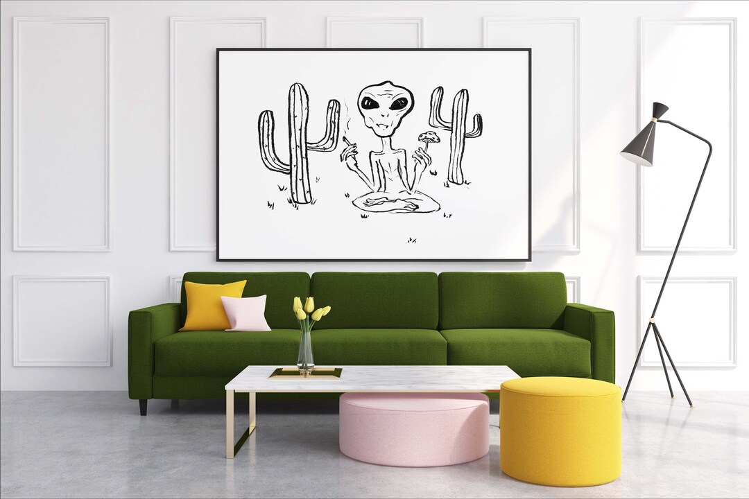 Smoking Alien Art - Hand Painted Minimal Southwestern Smoking Alien ...
