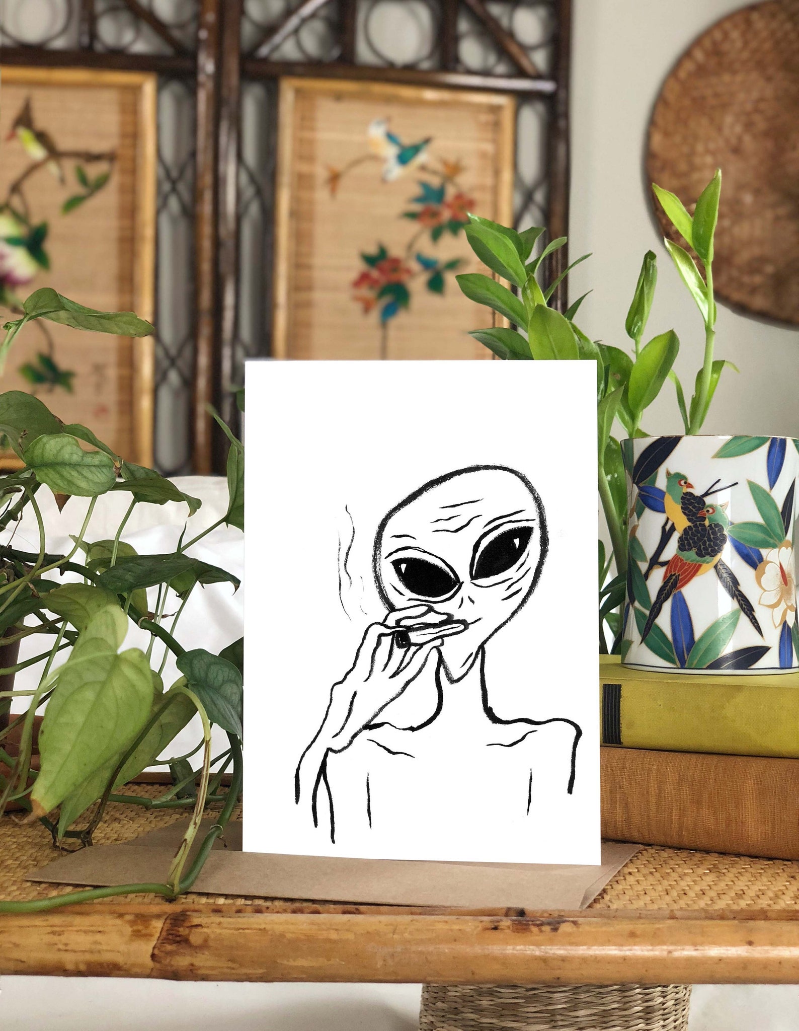 Smoking Alien Fine Art Print Hand Painted Funny Alien Wall - Etsy