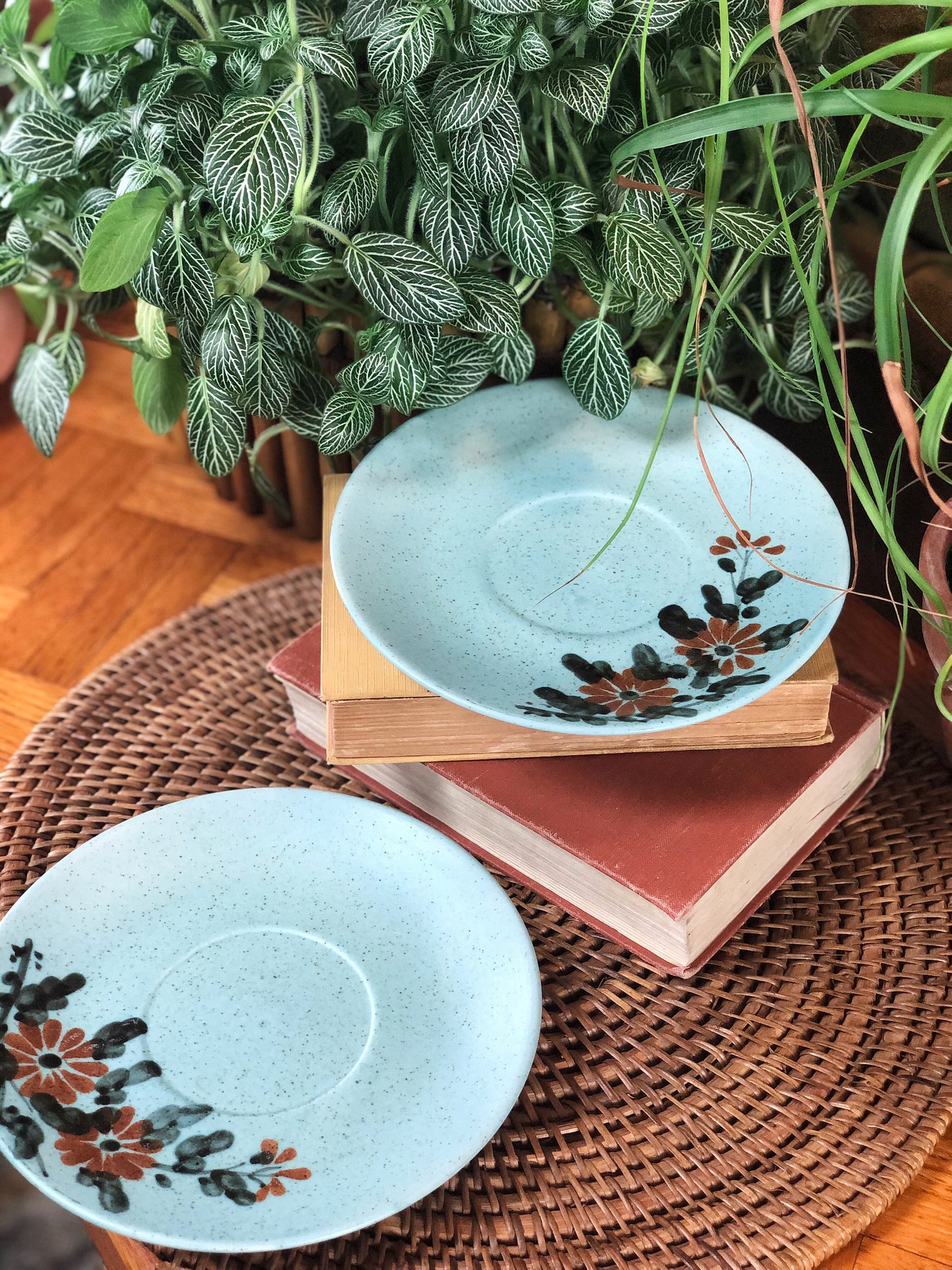 VINTAGE Japanese Plate Set - Blue Speckled Stone Plates With Beautiful ...