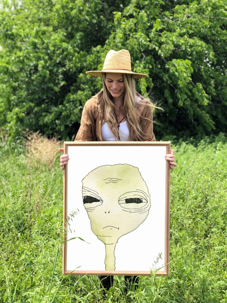 WATERCOLOR Alien Art Print Hand Painted Green Alien Head - Etsy