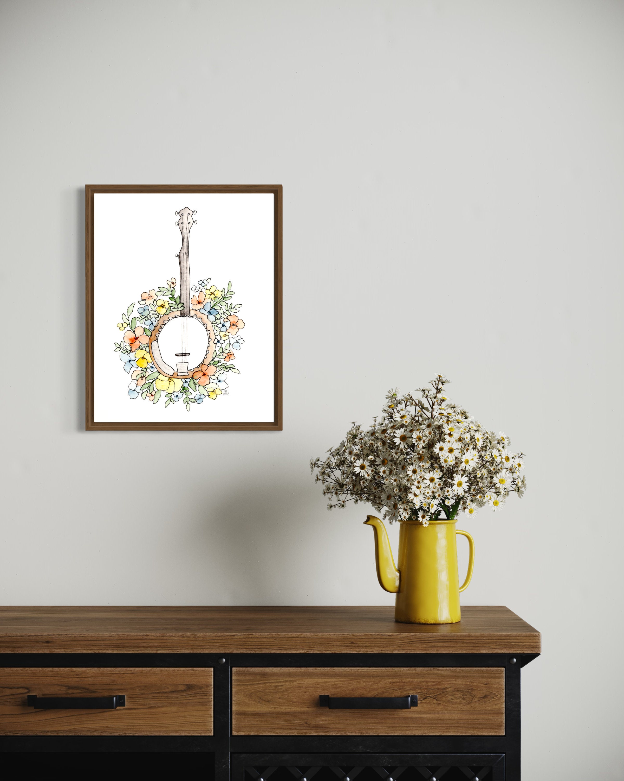 Watercolor Banjo and Blooms Art Print by Kate Yarter - Hand Painted ...