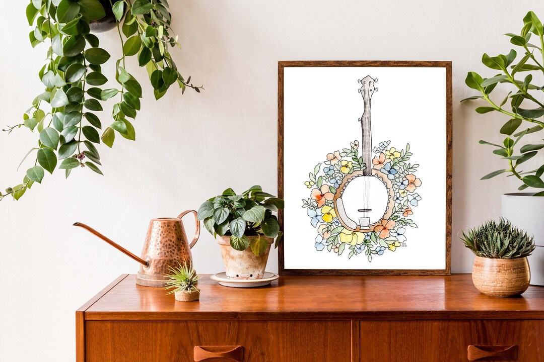 Watercolor Banjo and Blooms Art Print by Kate Yarter - Hand Painted ...