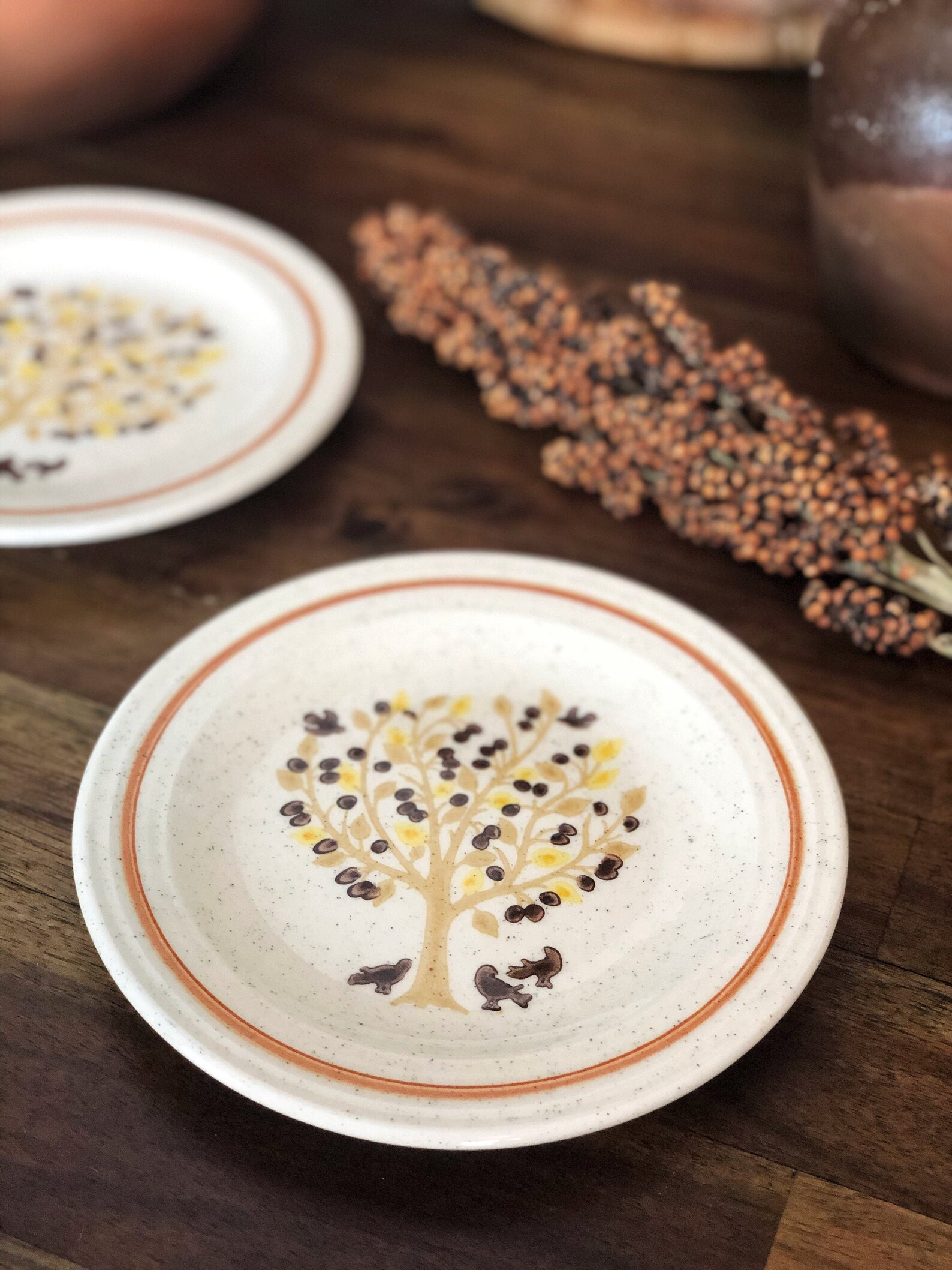 Vintage Stone Plates Set Brown Yellow Orange Hand Painted - Etsy