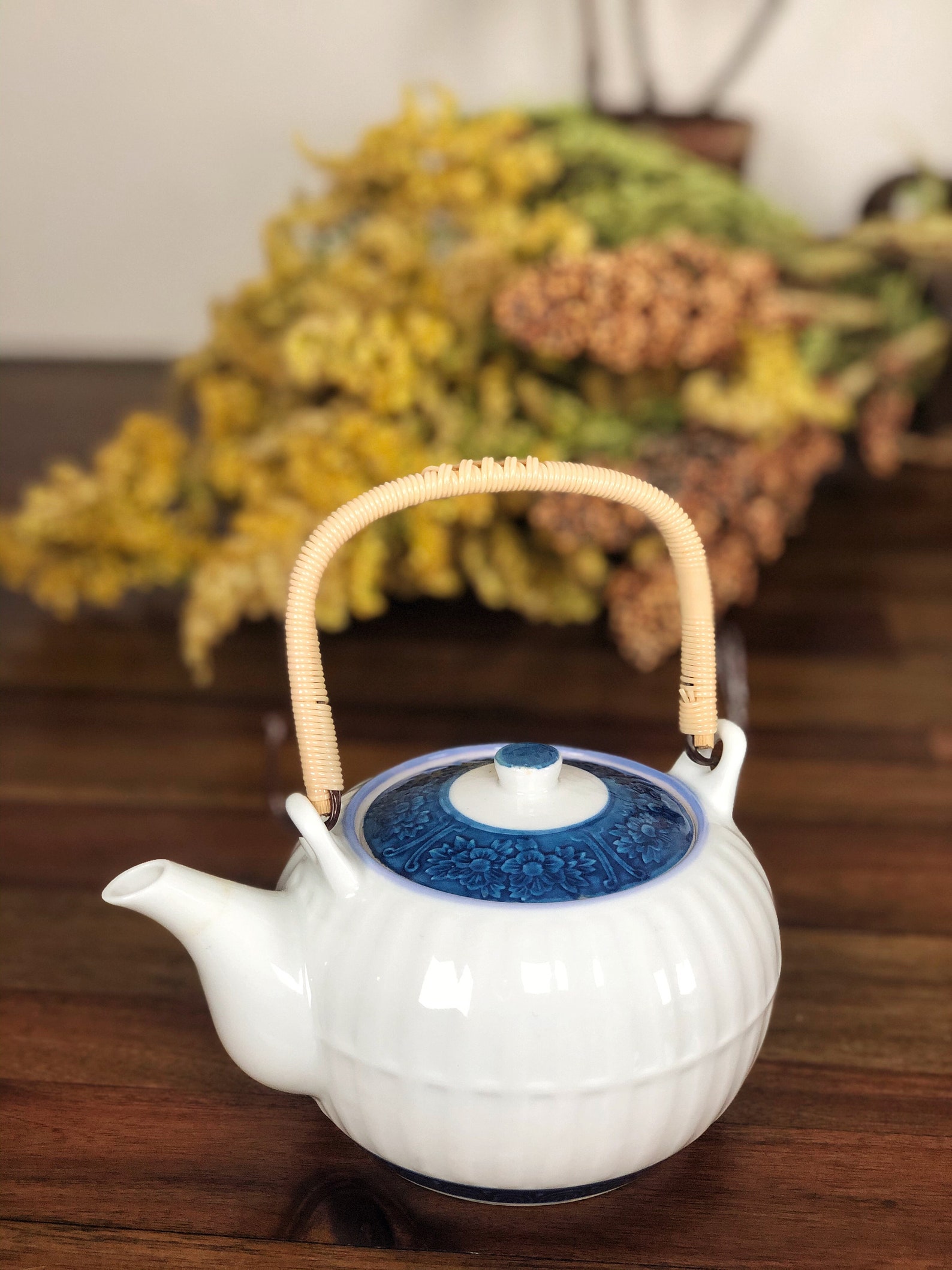 Vintage Teapot With Handle and Lid - Oriental White and Blue Painted ...