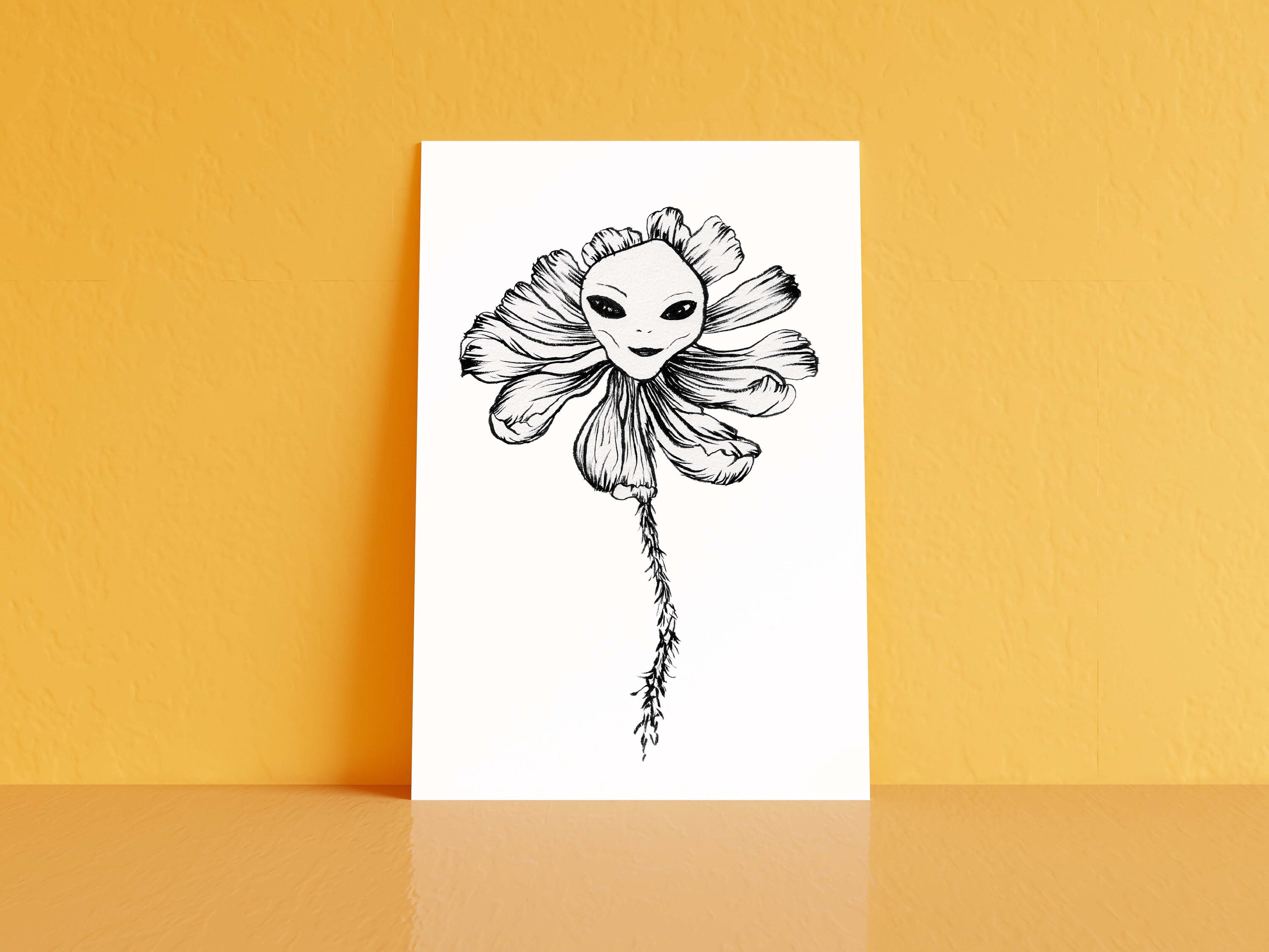 Minimal Black + White Alien Flower,hand Painted Alien Art+,fine Art ...