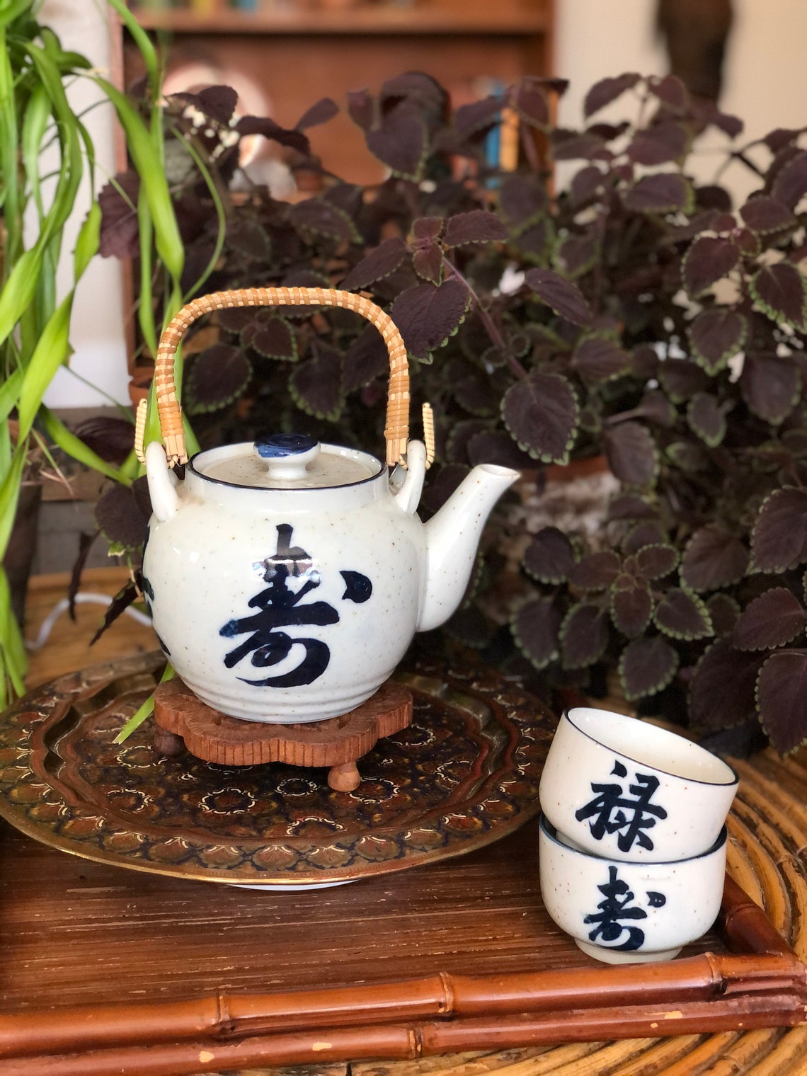 VINTAGE Asian Tea Set - Ceramic Sake/tea SET of 3 With Beautiful Indigo ...