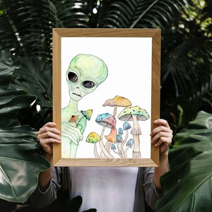 Alien and Mushroom Art Print - Hand Painted WATERCOLOR Psychedelic ...
