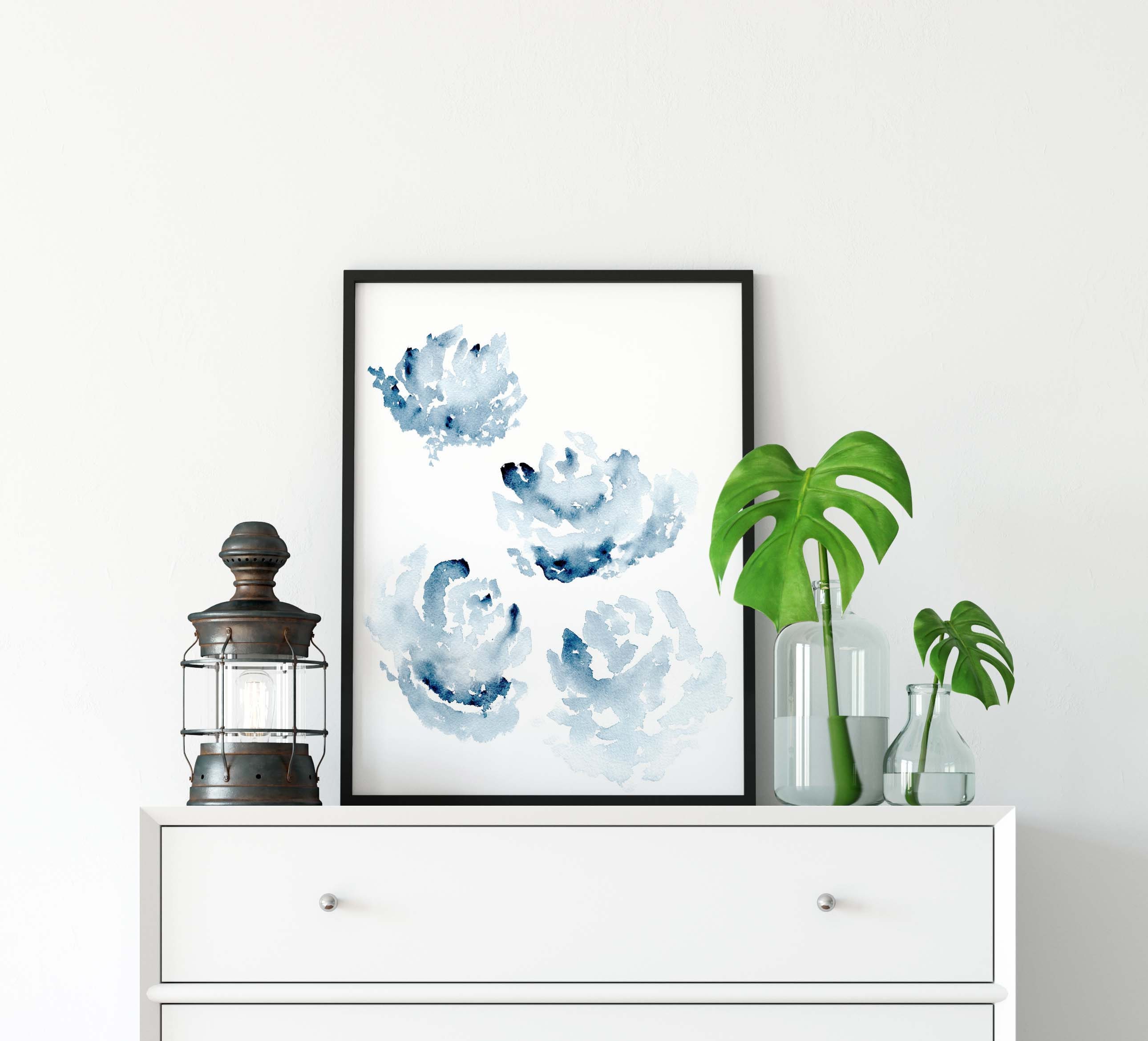 Hand Painted Blue Watercolor Flowers Fine Art Print Blue | Etsy