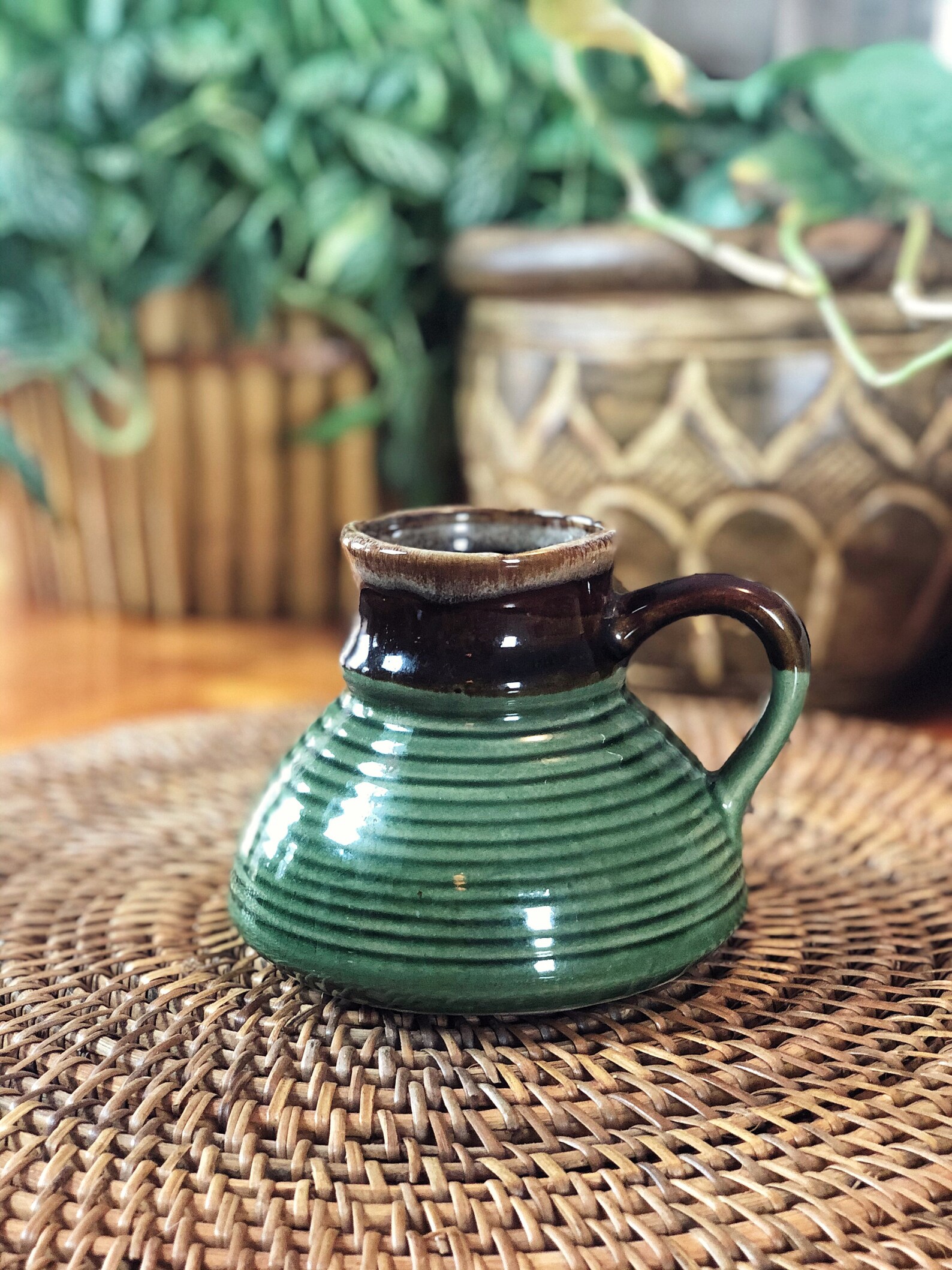Vintage Pottery Jug Beautiful Green & Brown Handmade - Etsy