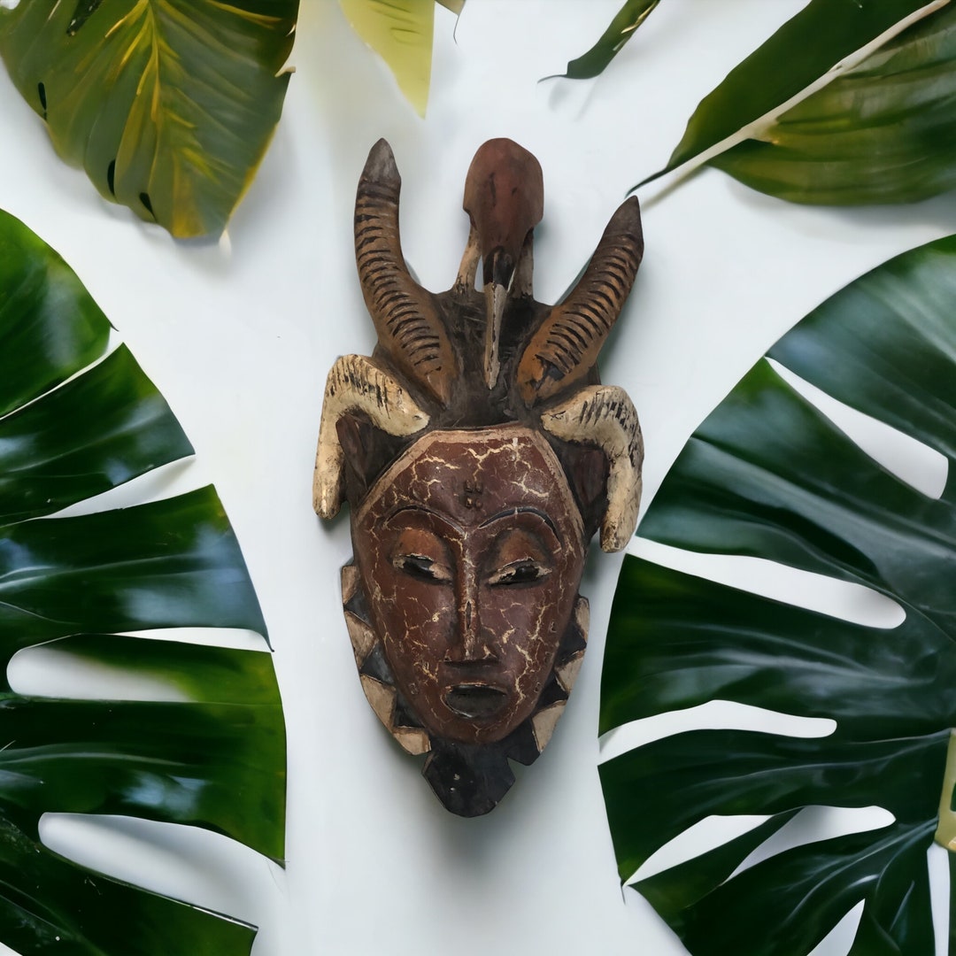 Vintage African Mask - Hand Carved Wooden Bird and Ram Mask Handcrafted ...