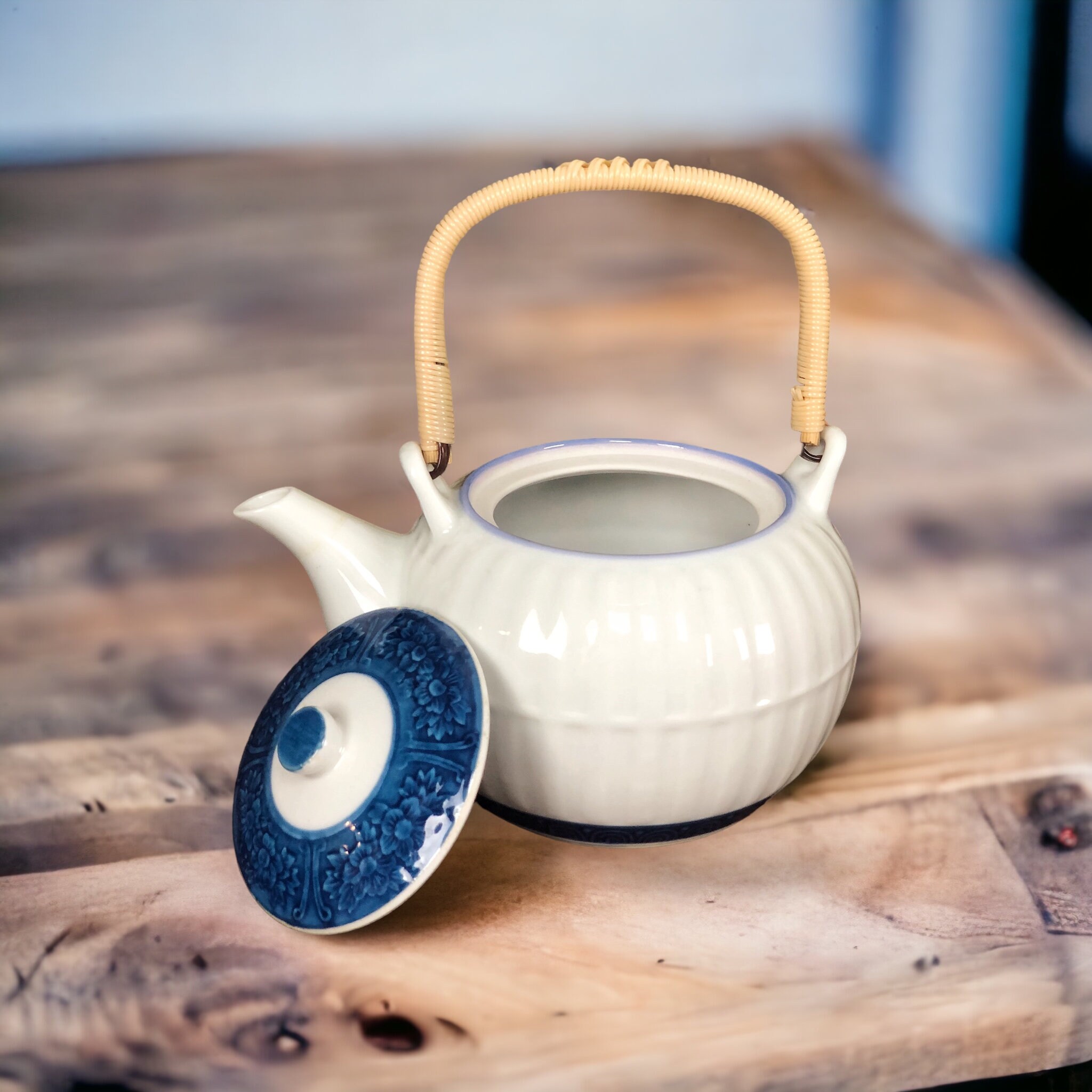 Vintage Teapot With Handle and Lid - Oriental White and Blue Painted ...