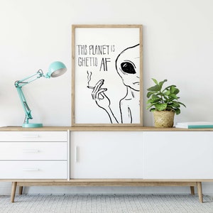 Smoking Alien Fine Art Print - Hand Painted Funny Alien Wall Art ...