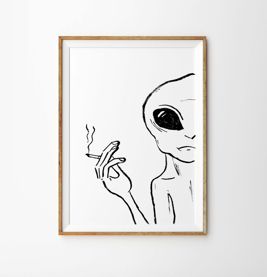 Smoking Alien Art Print - Hand Painted Alien Printed on High Quality ...