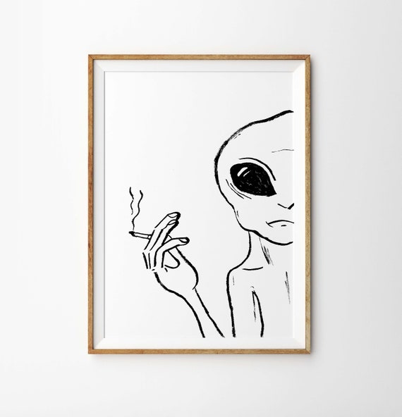 Smoking Alien Art Print Hand Painted Alien Printed on High - Etsy