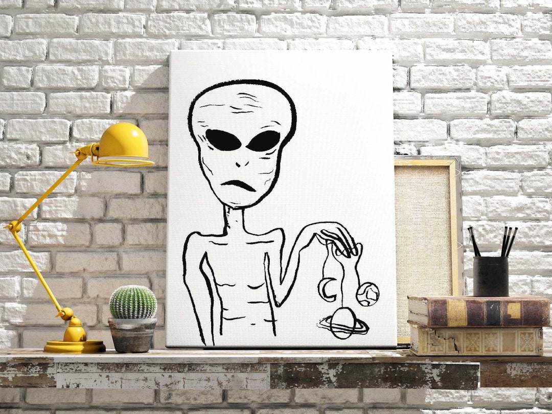 Outer Space Alien Art Print Hand Painted Alien and Planets Printed on ...