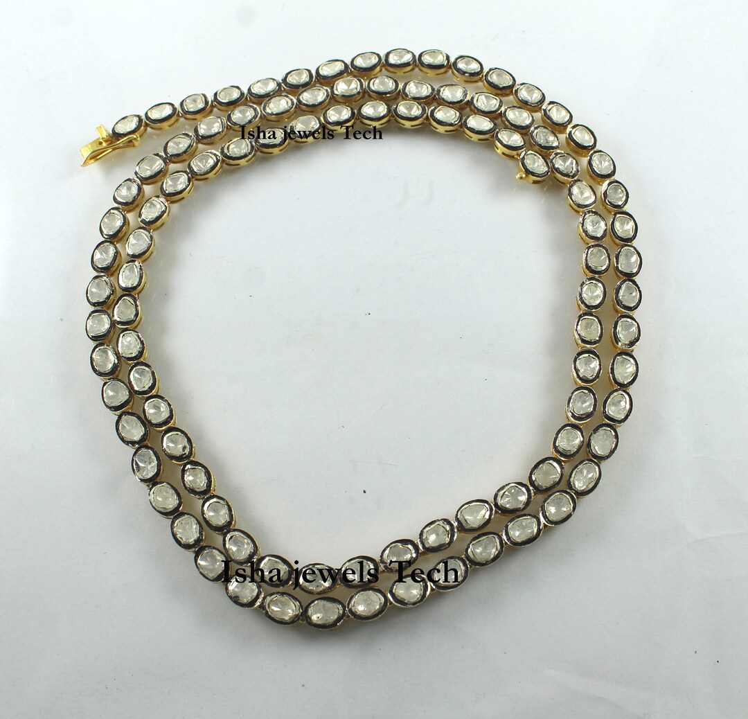 Diamond Polki Necklace Jewelry Natural Diamond Uncut Polki 925 Sterling Silver Necklace Diamond ...