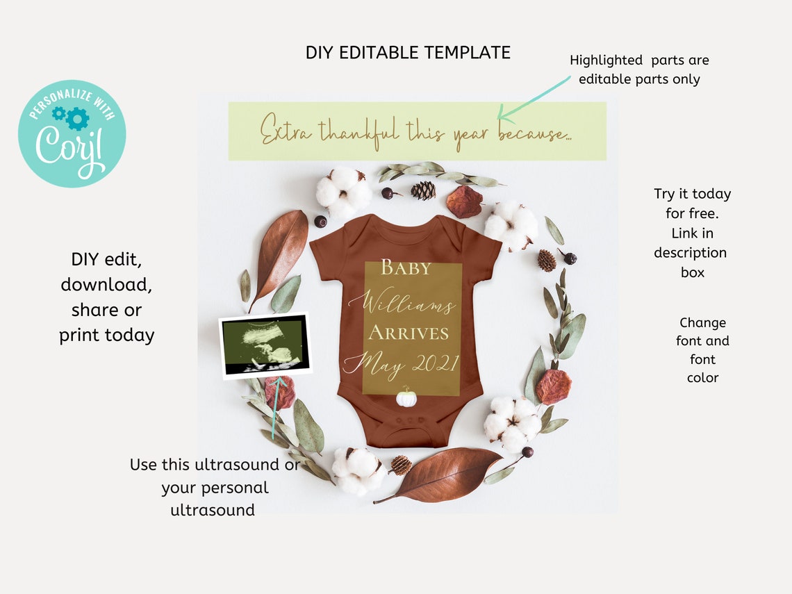 Editable, November Pregnancy Announcement, Thanksgiving, Fall, Digital ...