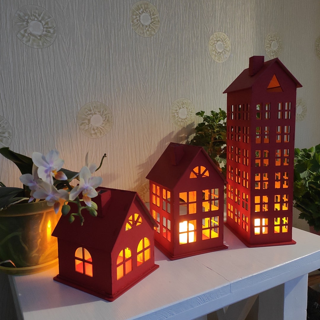 Christmas Village Houses Set of 3 Wooden Christmas Houses With LED ...