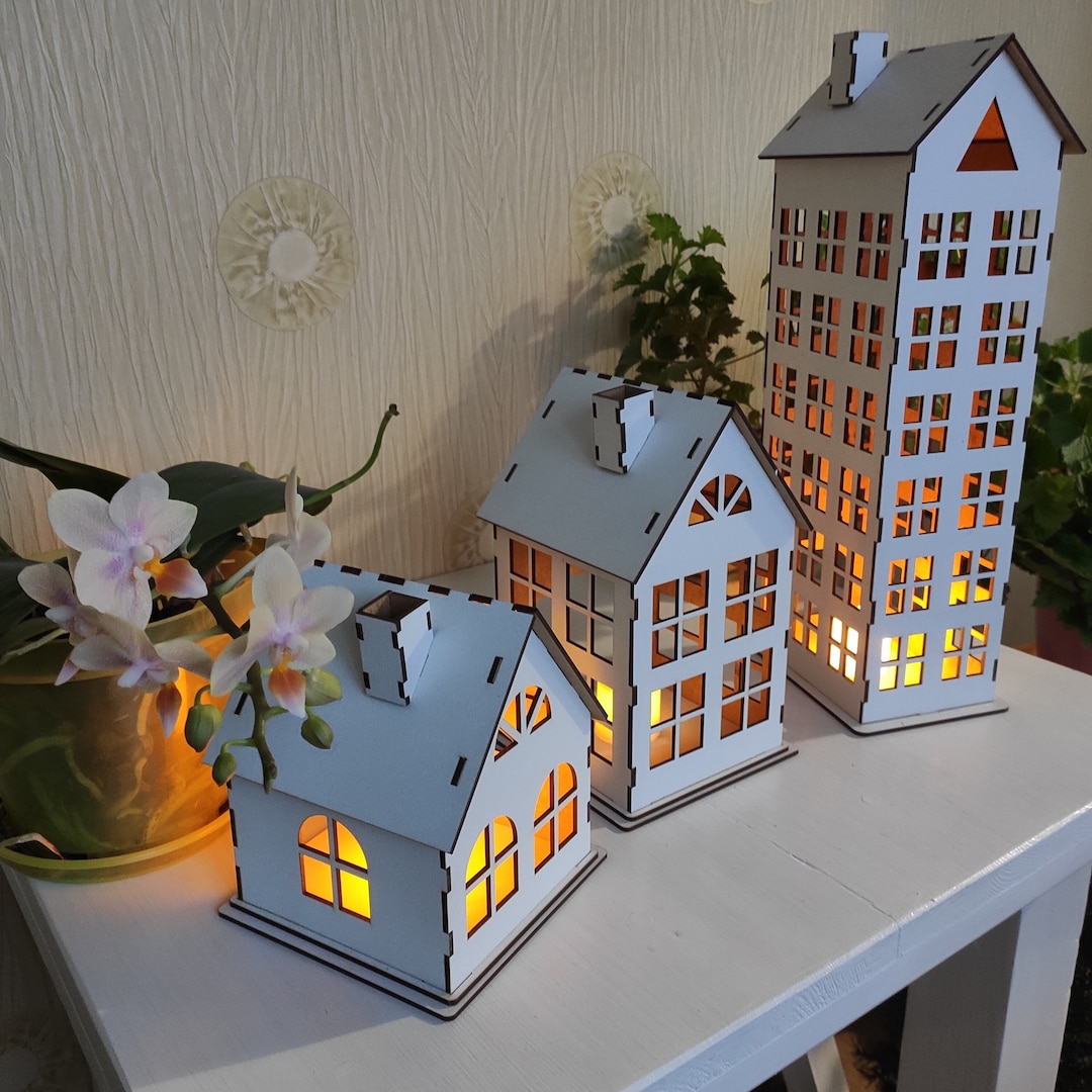 Christmas Village Houses Set of 3 Wooden Christmas Houses With LED ...