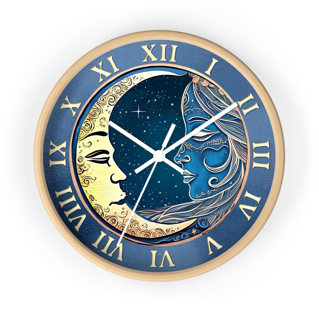 Boho Wood Crescent Moon Face Wall Clock, Old Story Book Art Style, Easy ...