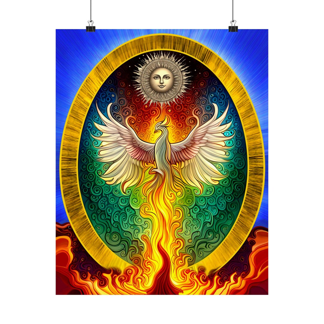 Flaming Phoenix and Sun, Wall Art Boho Designer Poster, Symbol of Death ...