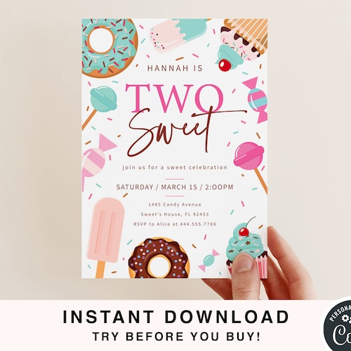 Two Sweet Editable Printable Birthday Party Invitation - Etsy