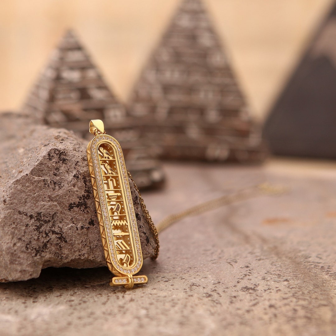 Gold Egyptian Cartouche Necklace With Zircon Stone, 14k Personalized ...