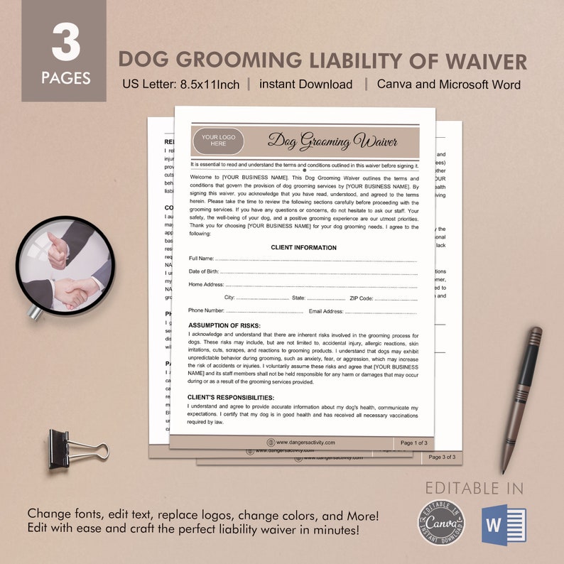 Dog Grooming Liability Waiver, Pet Release Consent Form, Editable ...