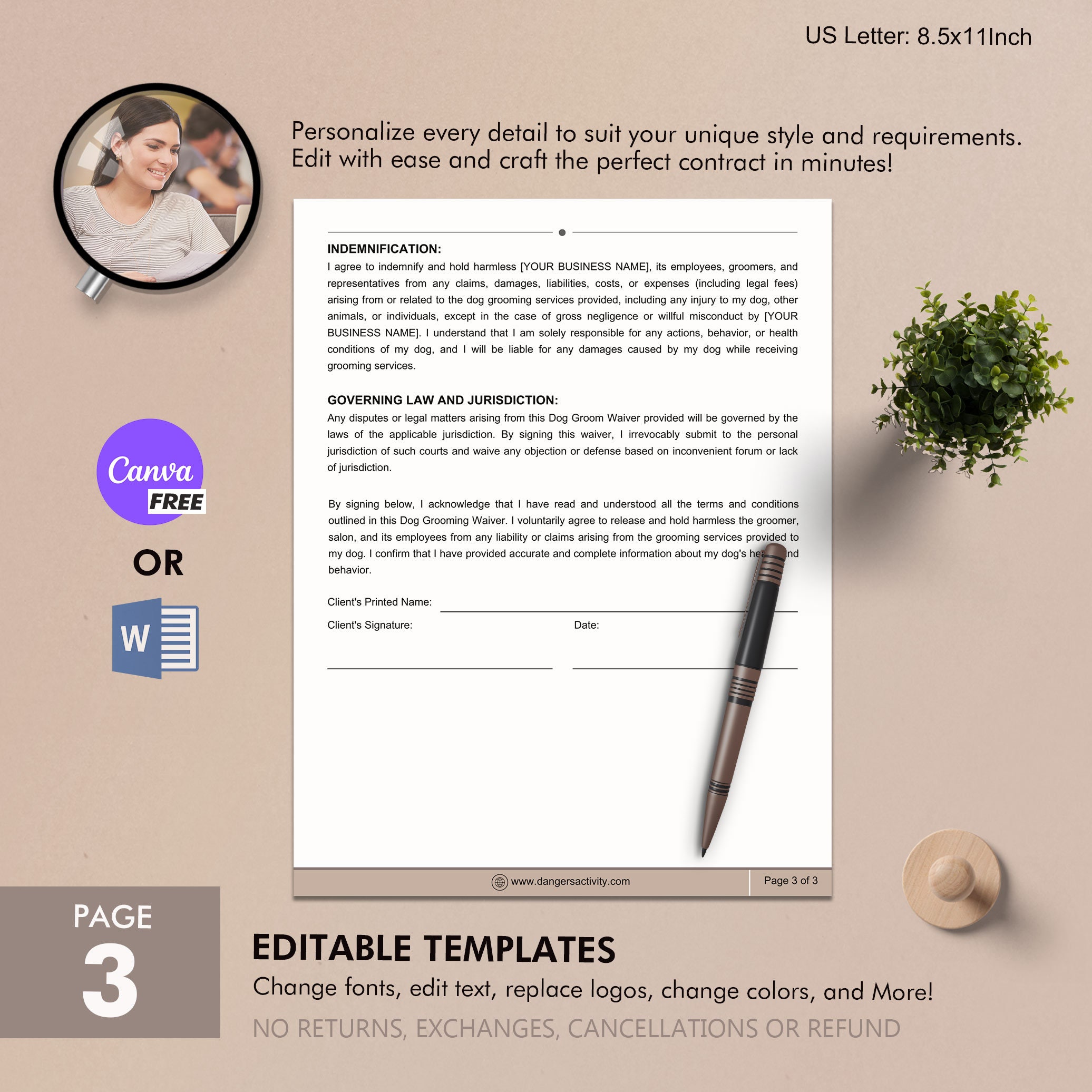 Dog Grooming Liability Waiver, Pet Release Consent Form, Editable ...