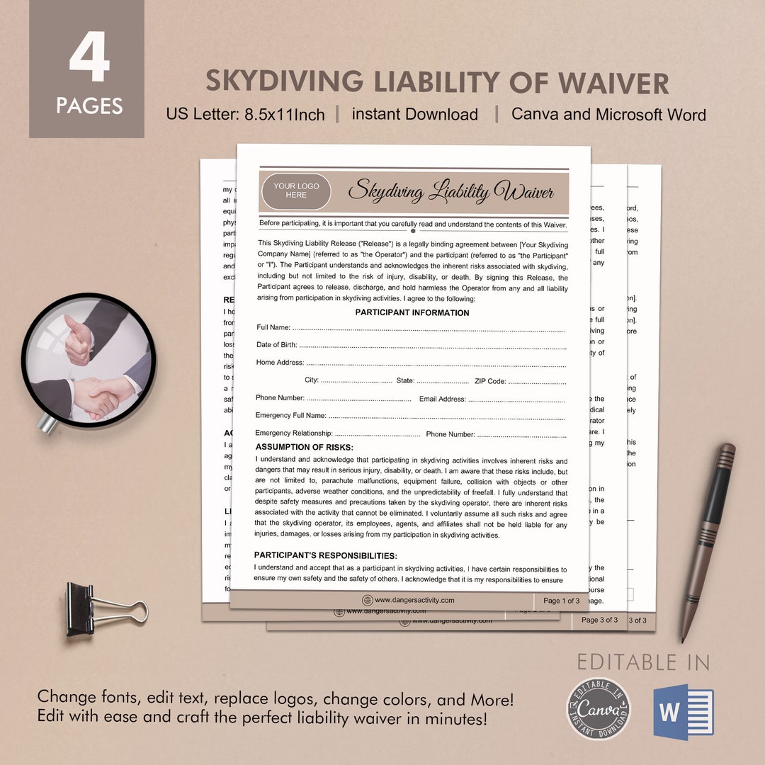 Skydiving Liability Waiver Form, Editable Template, Instant Download - Etsy