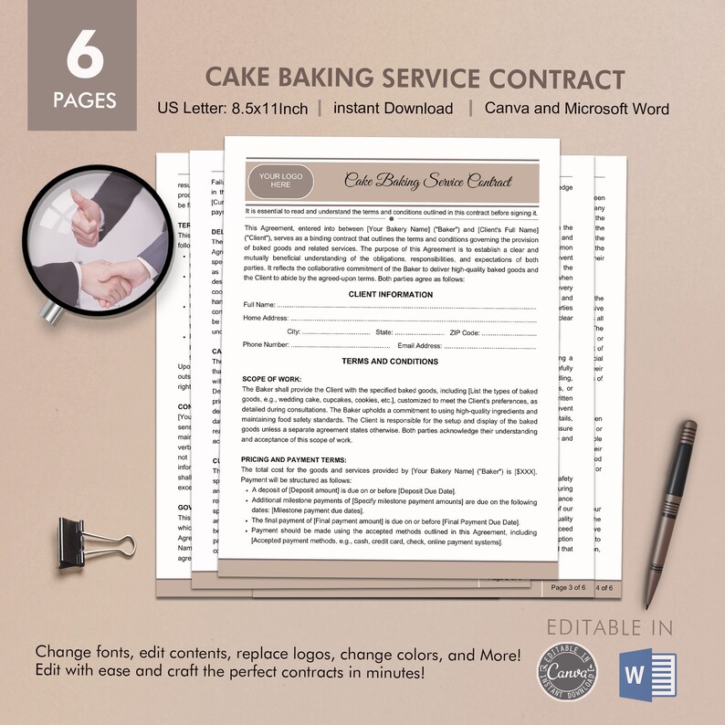 Cake Baking Contract, Baker's Service Agreement, Editable Template ...