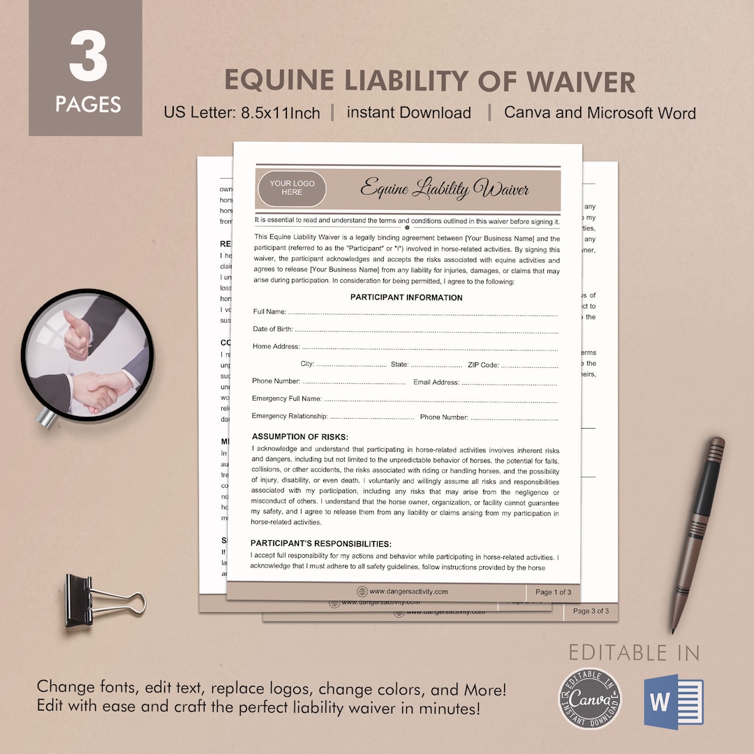 Equine Liability Waiver, Horse Riding Consent Form, Release Agreement ...