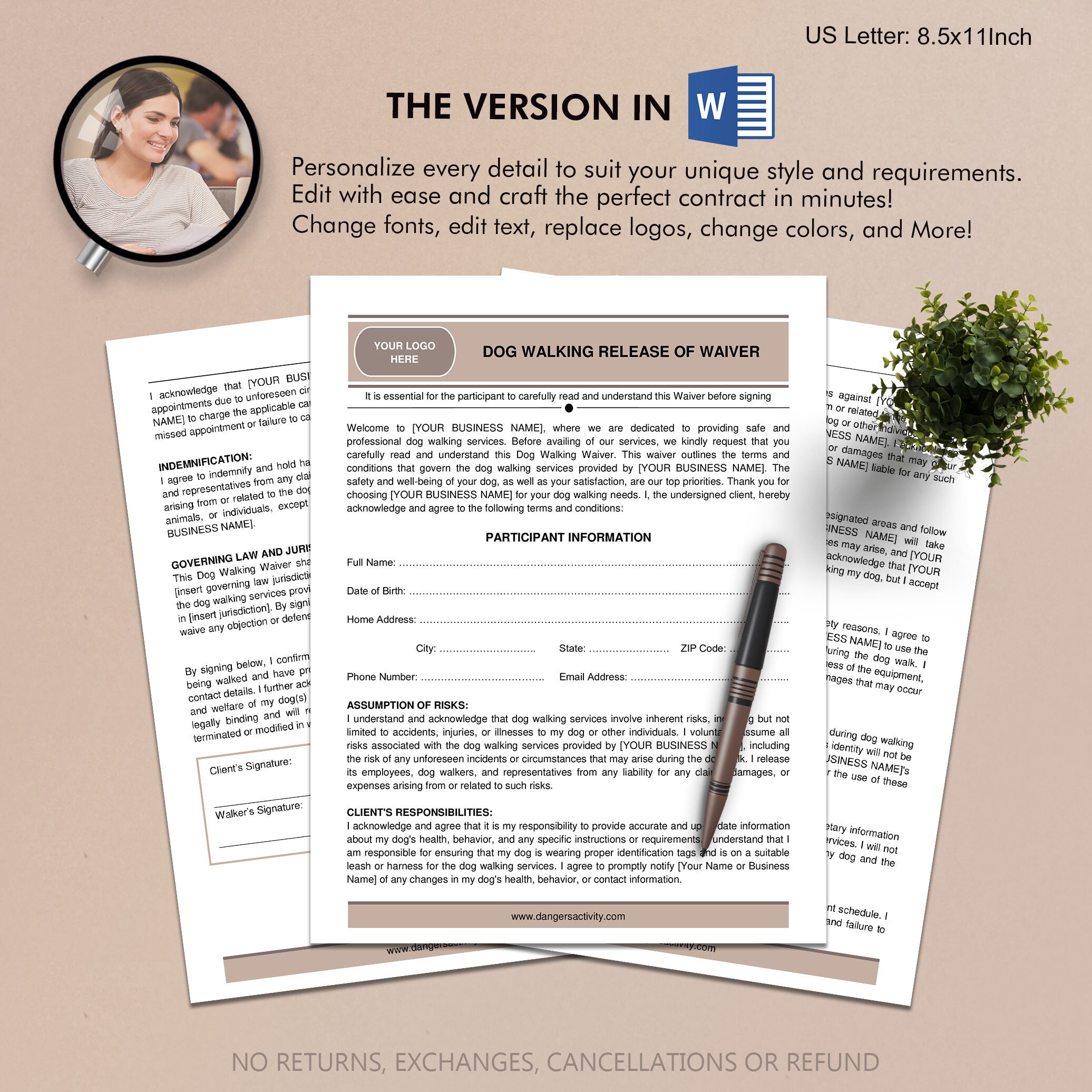 Dog Walking Liability Waiver, Pet Release Consent Form, Editable ...