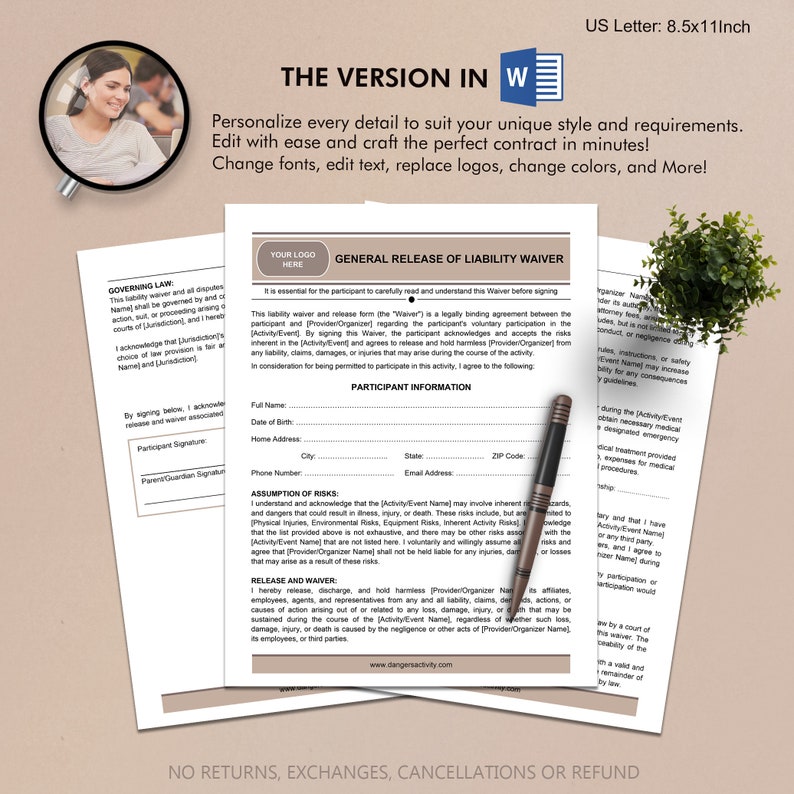 General Liability Waiver Template, Liability Release Form, Legal ...