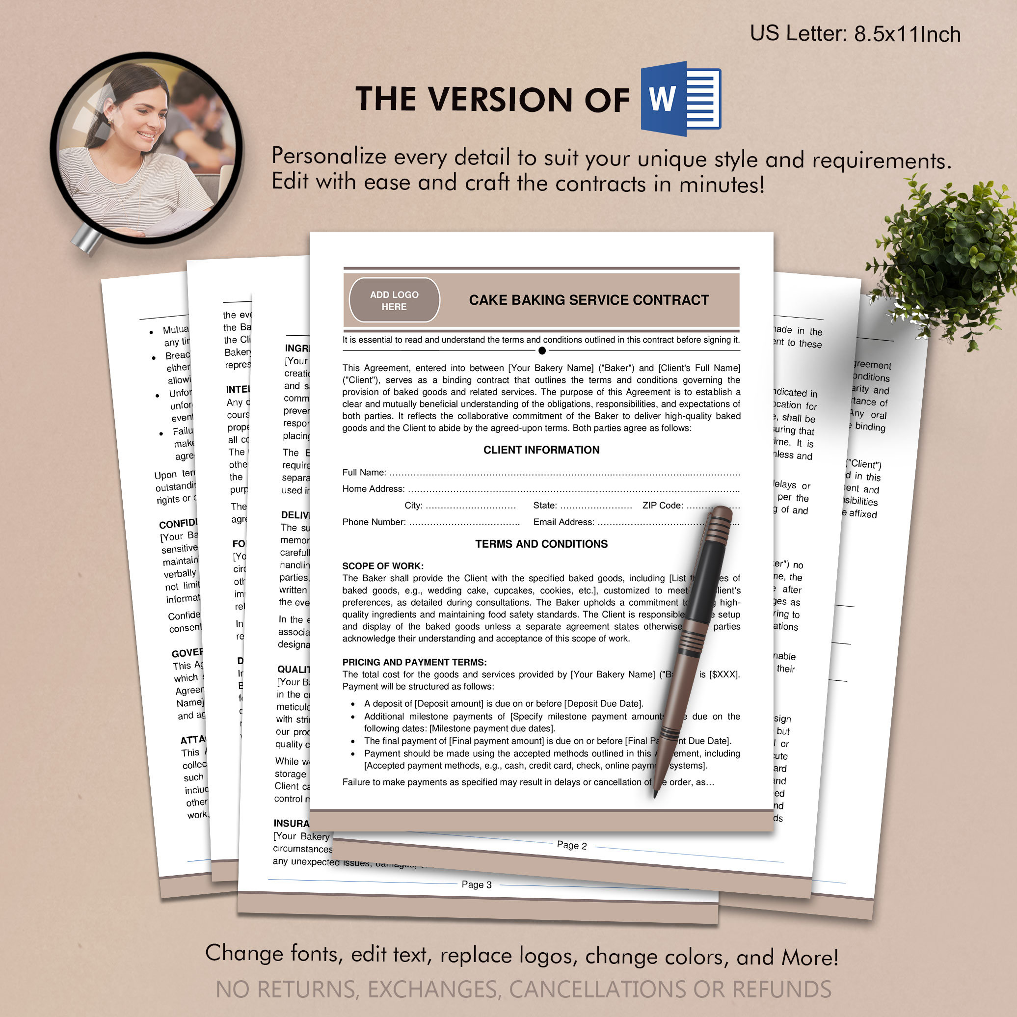 Cake Baking Contract, Baker's Service Agreement, Editable Template ...