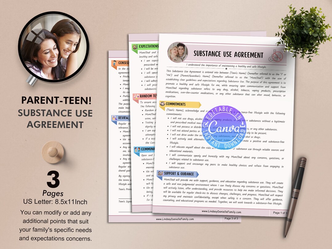 Contract Template for Parenting Teens Behavior, Substance Use Agreement ...