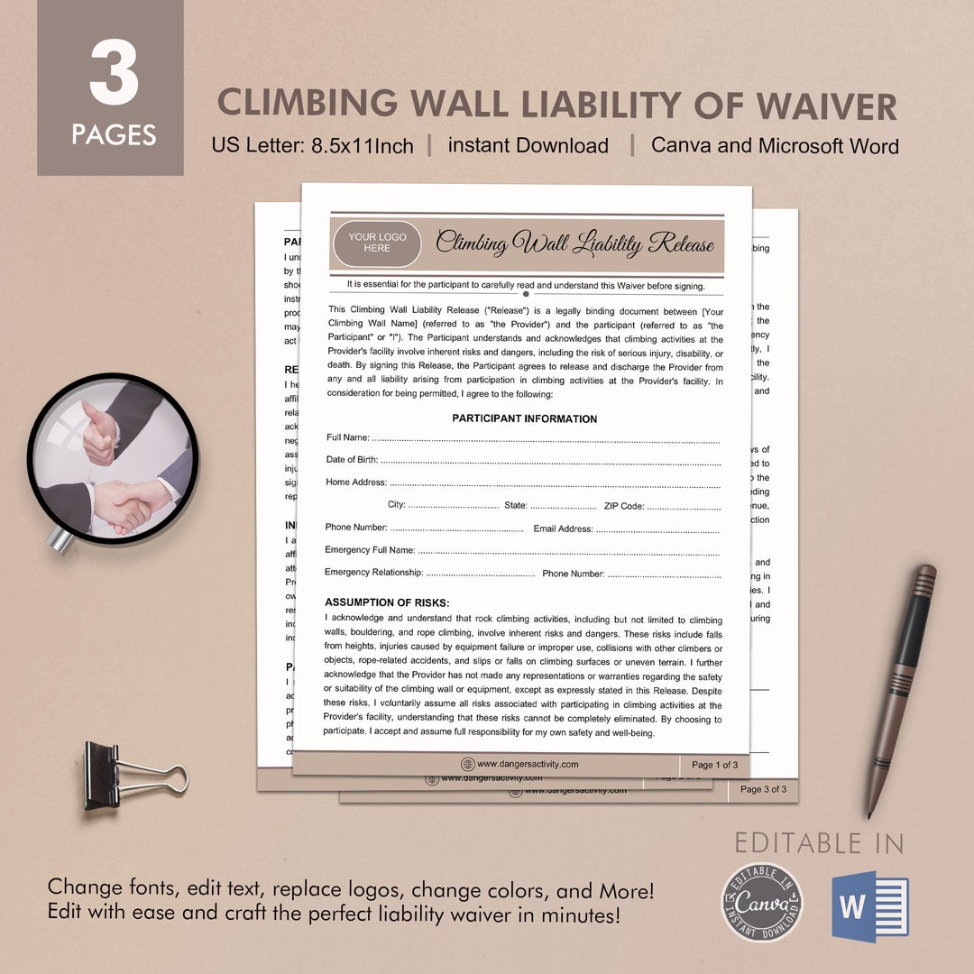 Climbing Wall Liability Waiver, Editable Template, Instant Download - Etsy