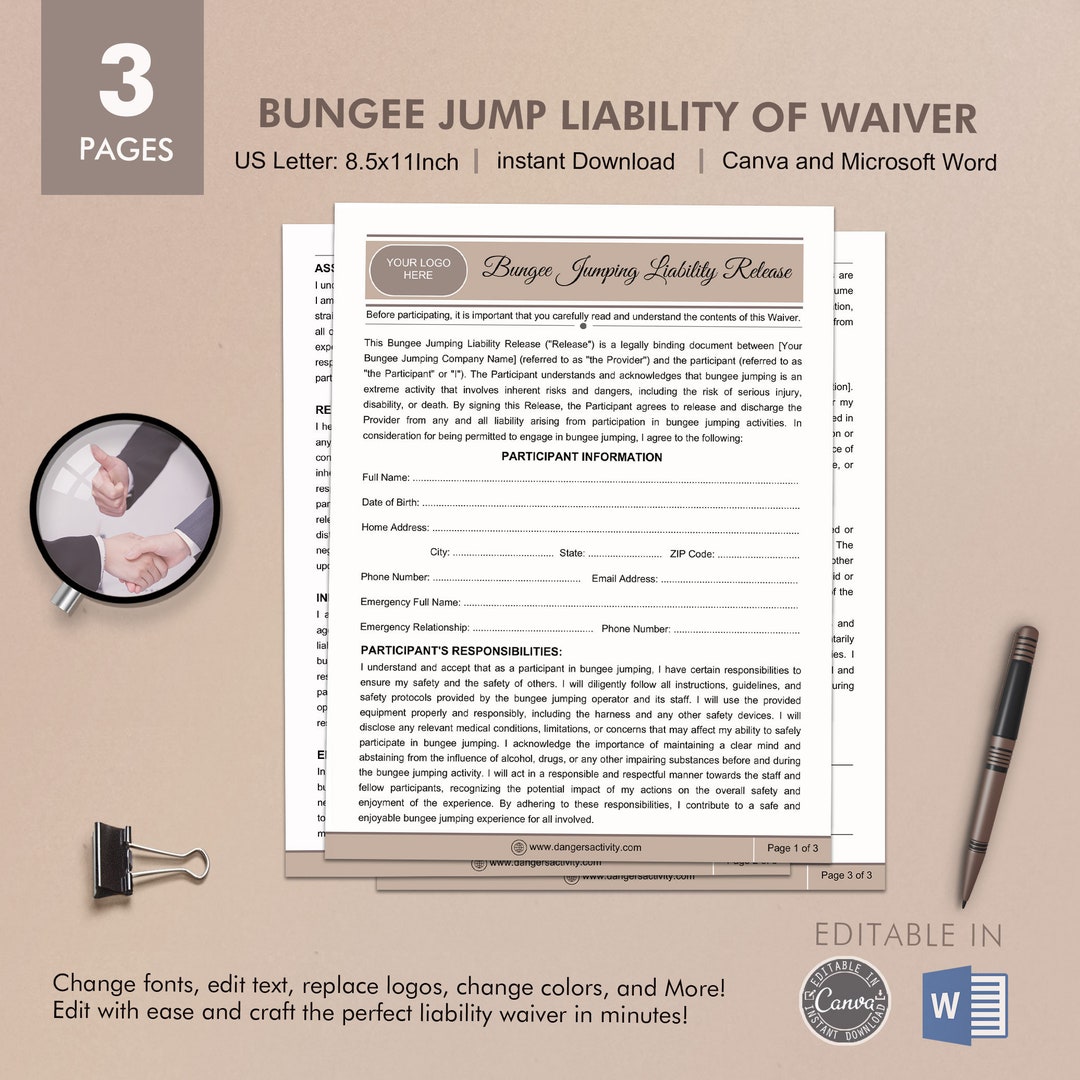 Bungee Jumping Liability Waiver, Editable Template, Instant Download - Etsy