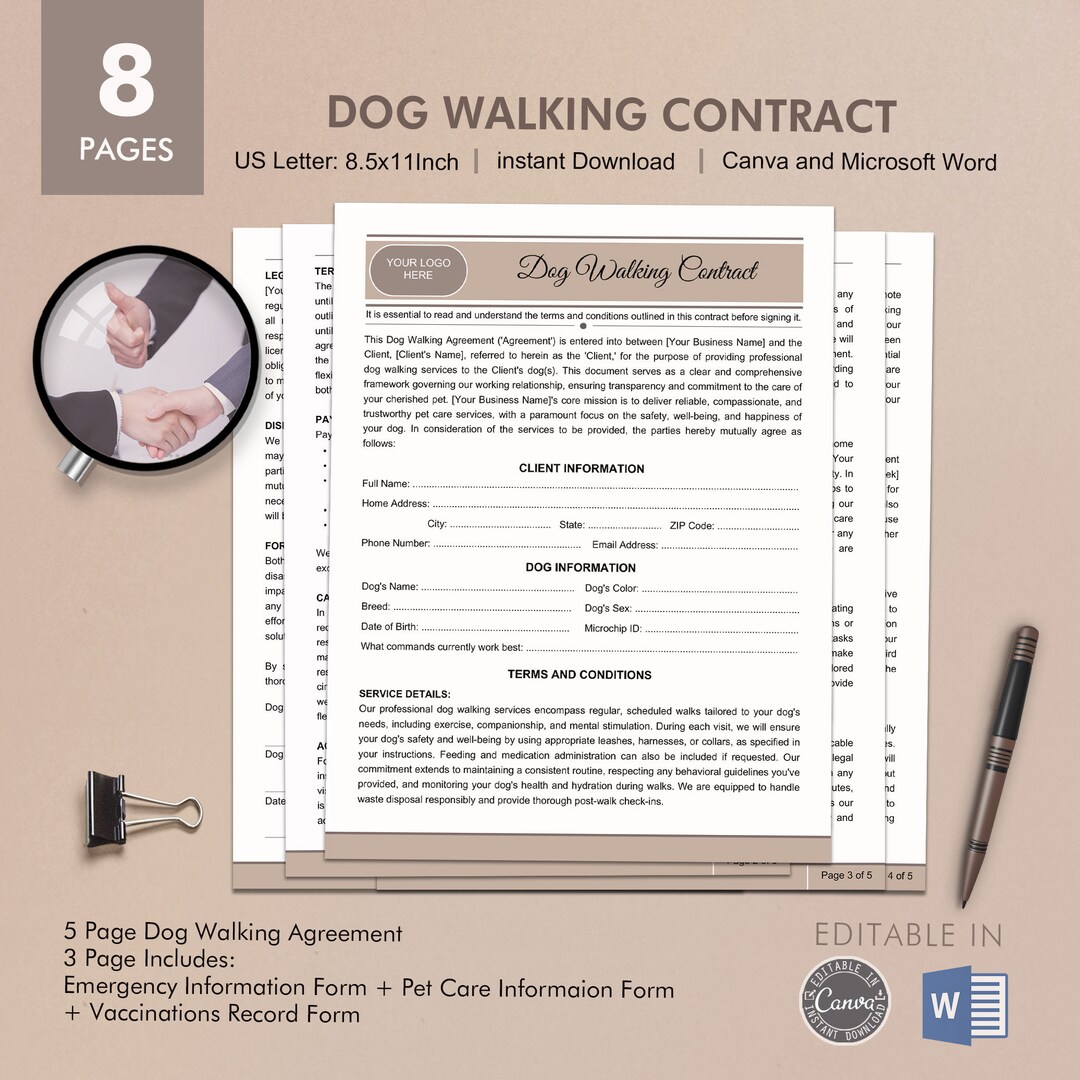 Dog Walking Contract, Pet Walker Agreement, Editable Template, Digital ...
