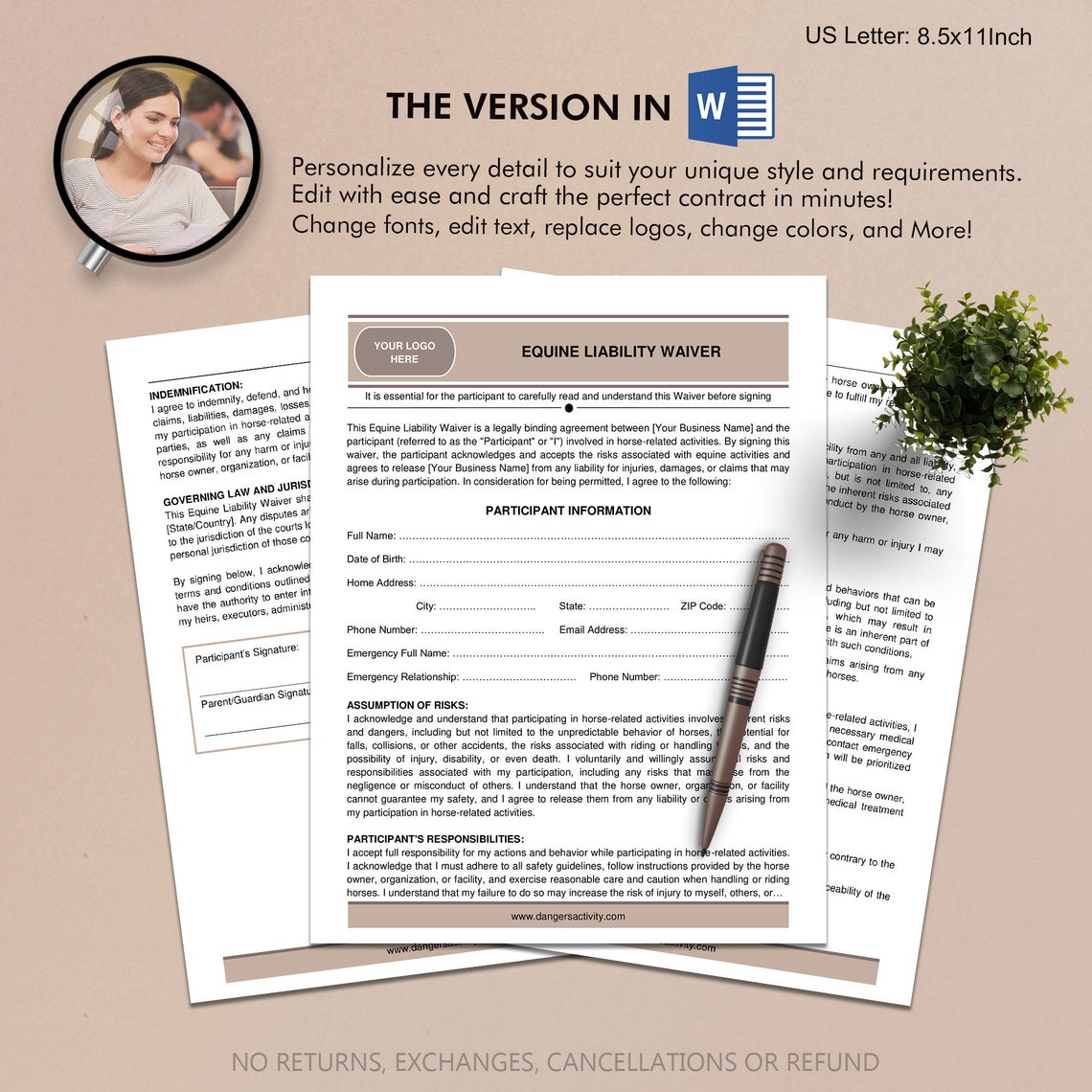 Equine Liability Waiver, Horse Riding Consent Form, Release Agreement ...