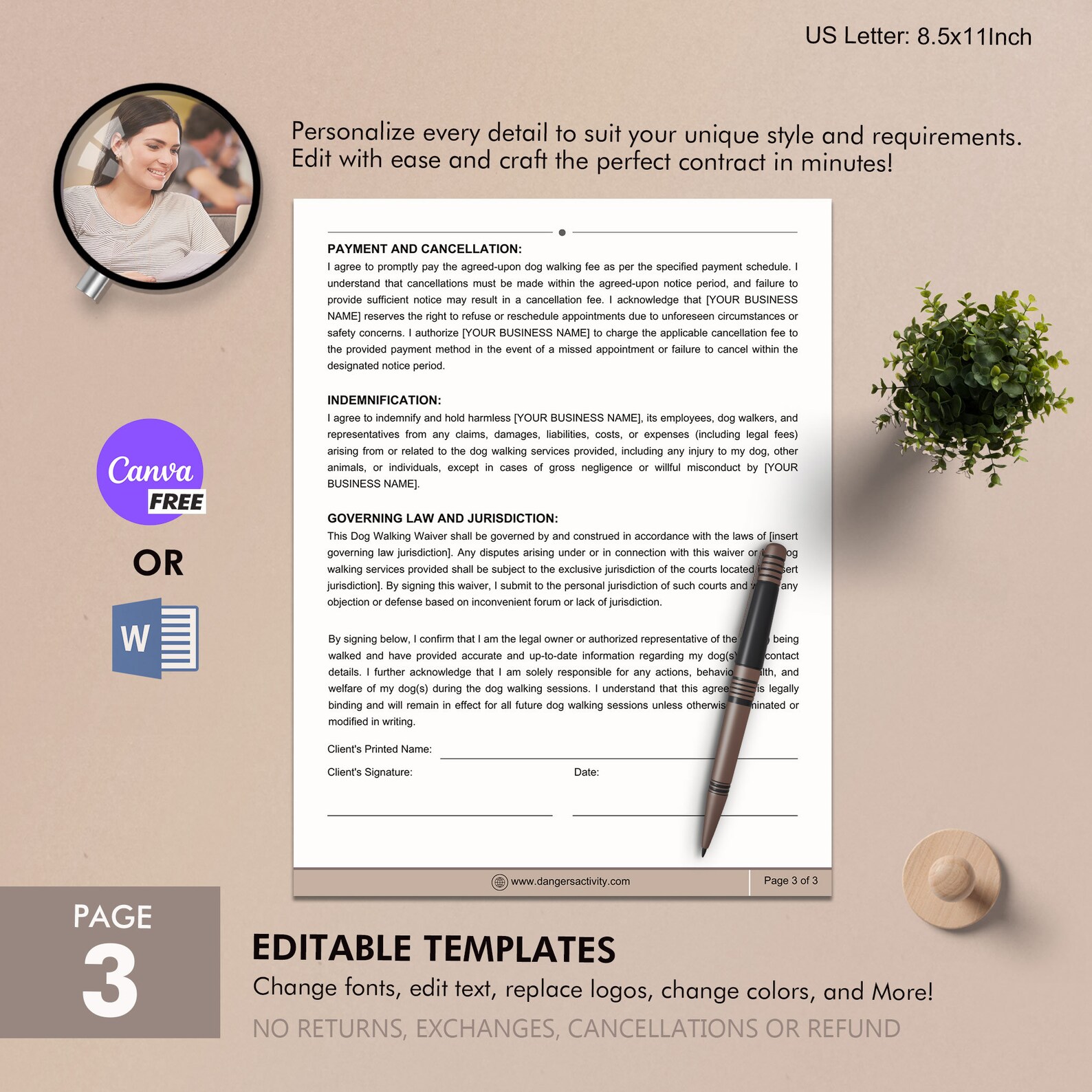 Dog Walking Liability Waiver, Pet Release Consent Form, Editable ...