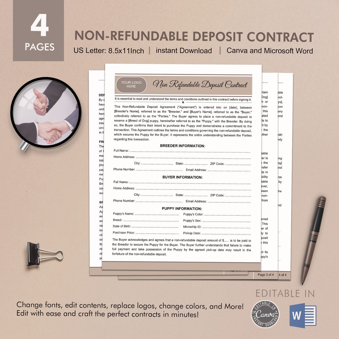 Non Refundable Deposit Contract for Puppy Transactions, Editable ...