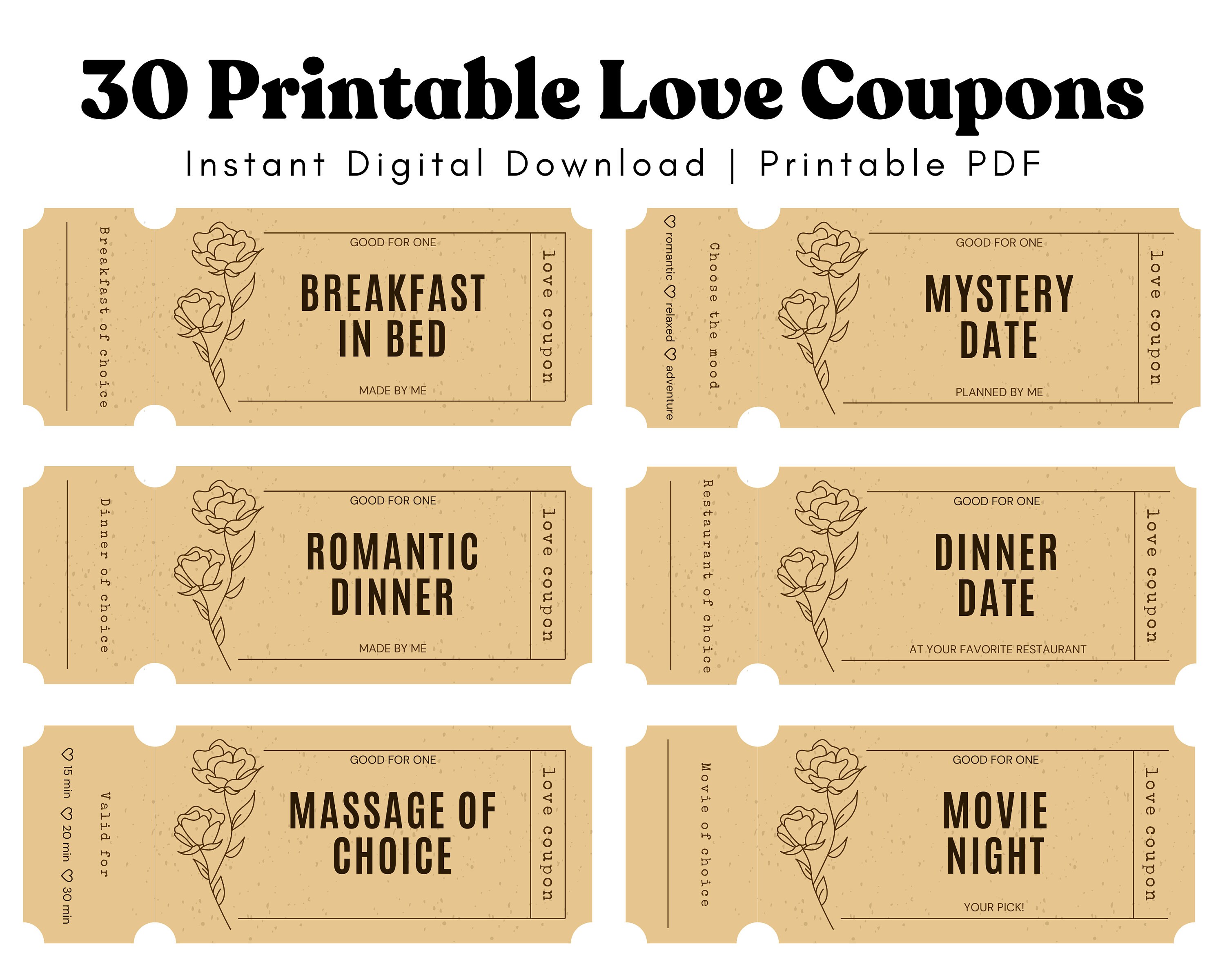 30 Printable Love Coupons, Gift for Him Christmas, Birthday, Valentines ...