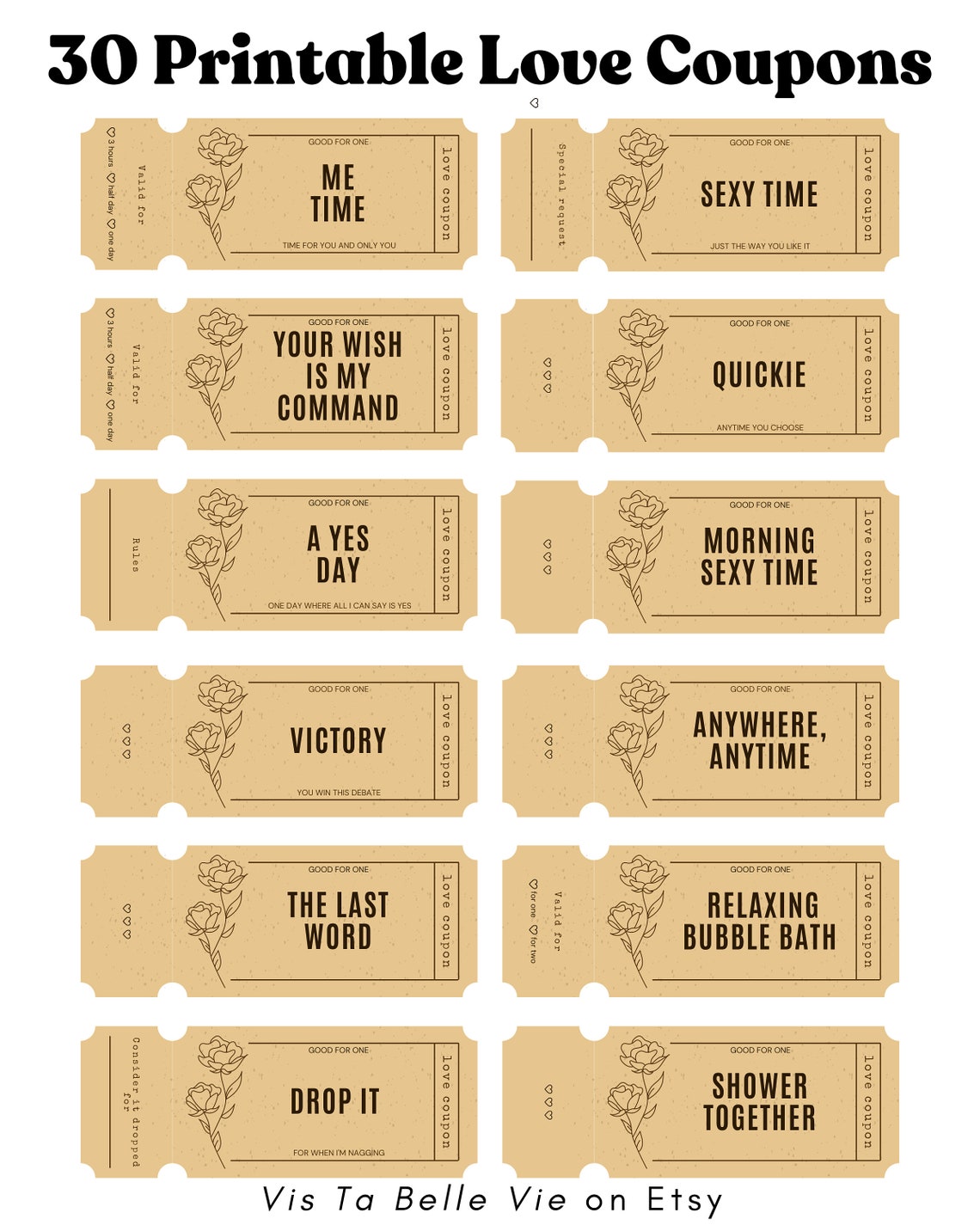 30 Printable Love Coupons, Gift for Him Christmas, Birthday, Valentines ...